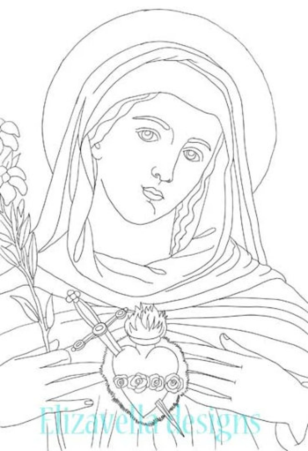 Virgin Mary Coloring Page for Adults, JPG PDF Printable, Instant ...