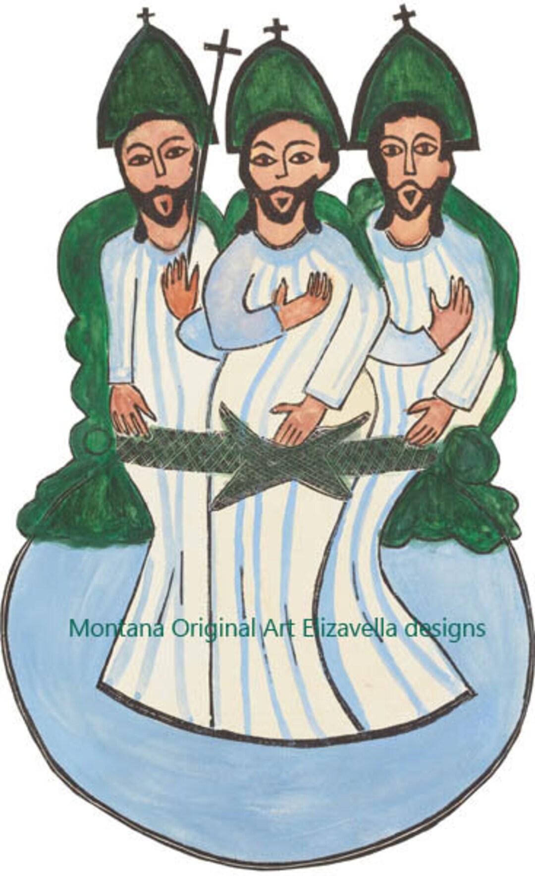Vintage Jesus Christ Holy Trinity Watercolor Painting Mexican Folk Art ...