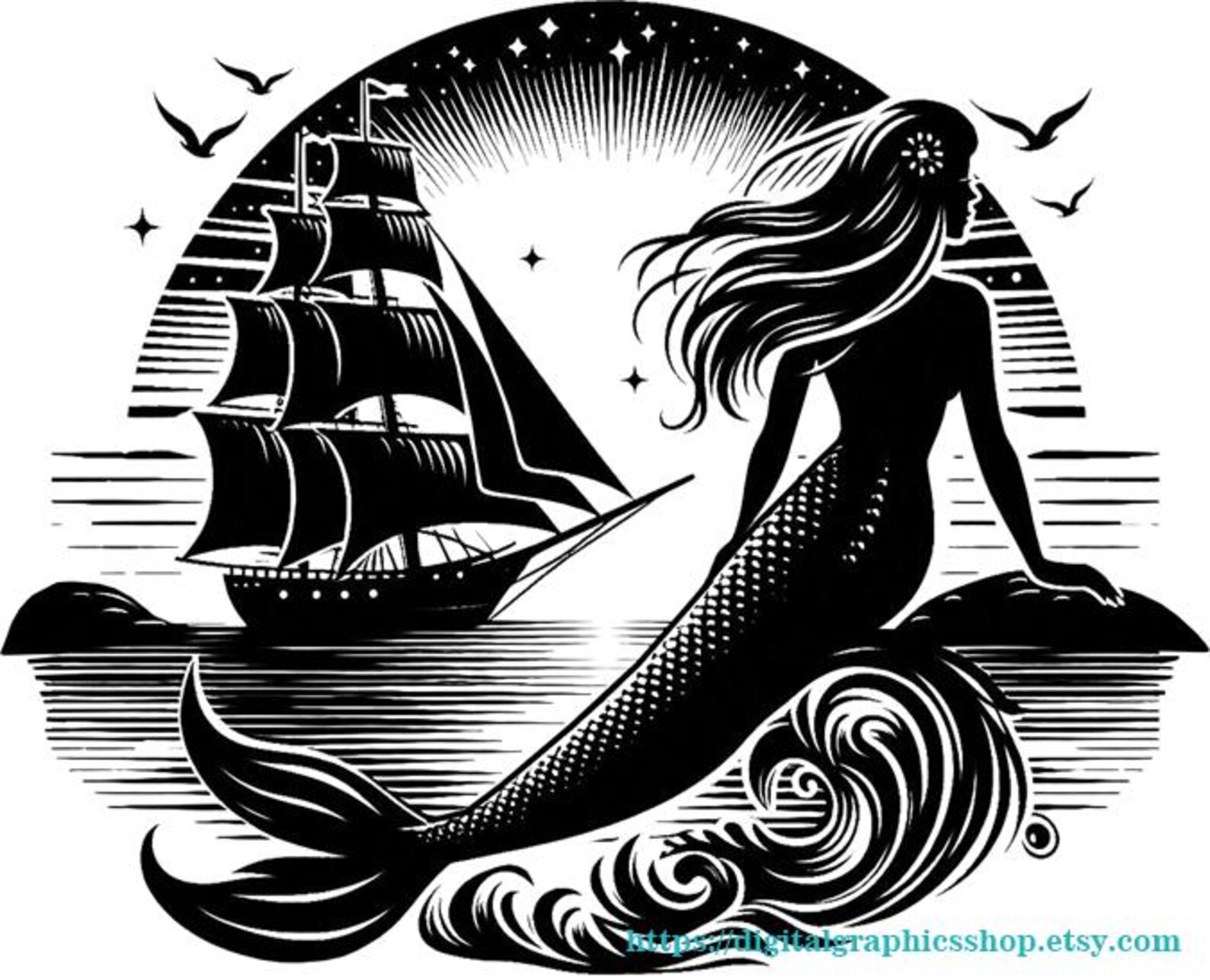 Mermaid Pirate Ship Clipart: Nautical Sailing PNG JPG (digital Download ...