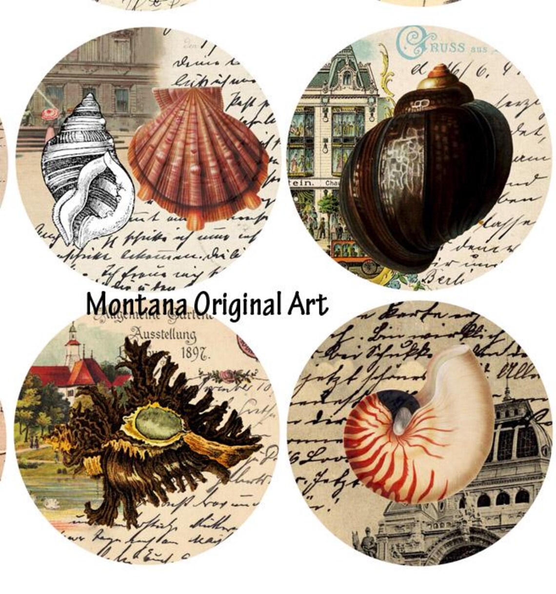 Sea Shells Postcards Altered Art Collage Sheet 2 Inch Circles Clipart ...