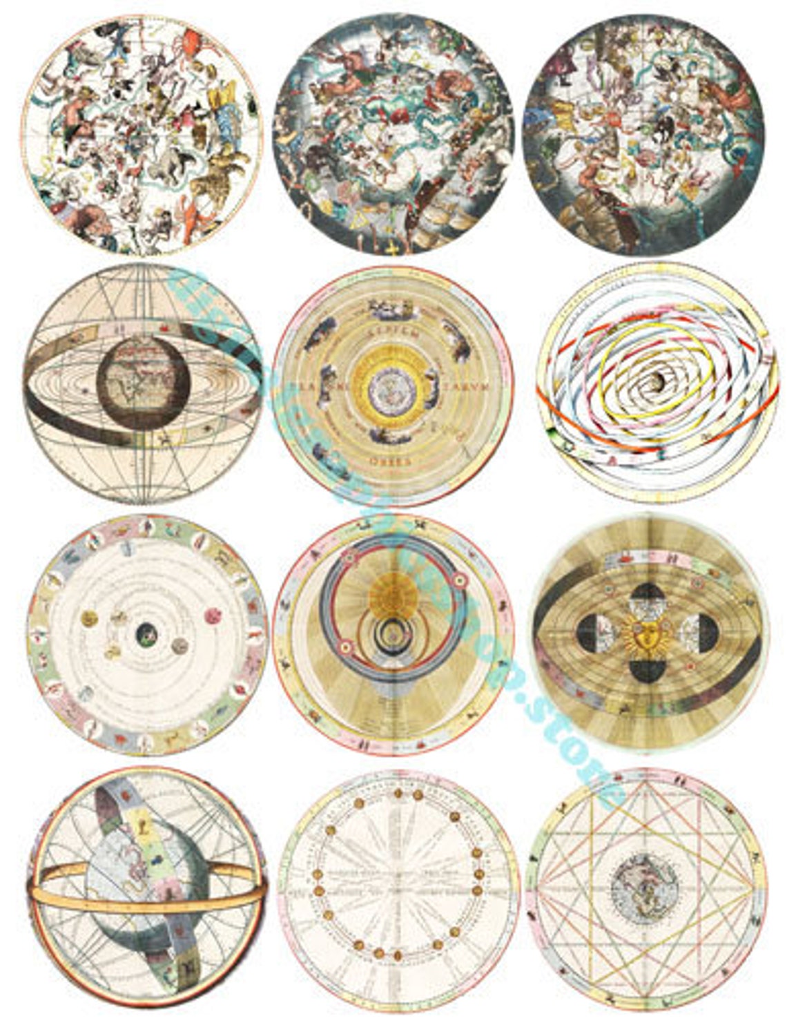 ZODIAC Signs Astrological Charts Collage Sheet 2.5 Inch Circles Vintage ...