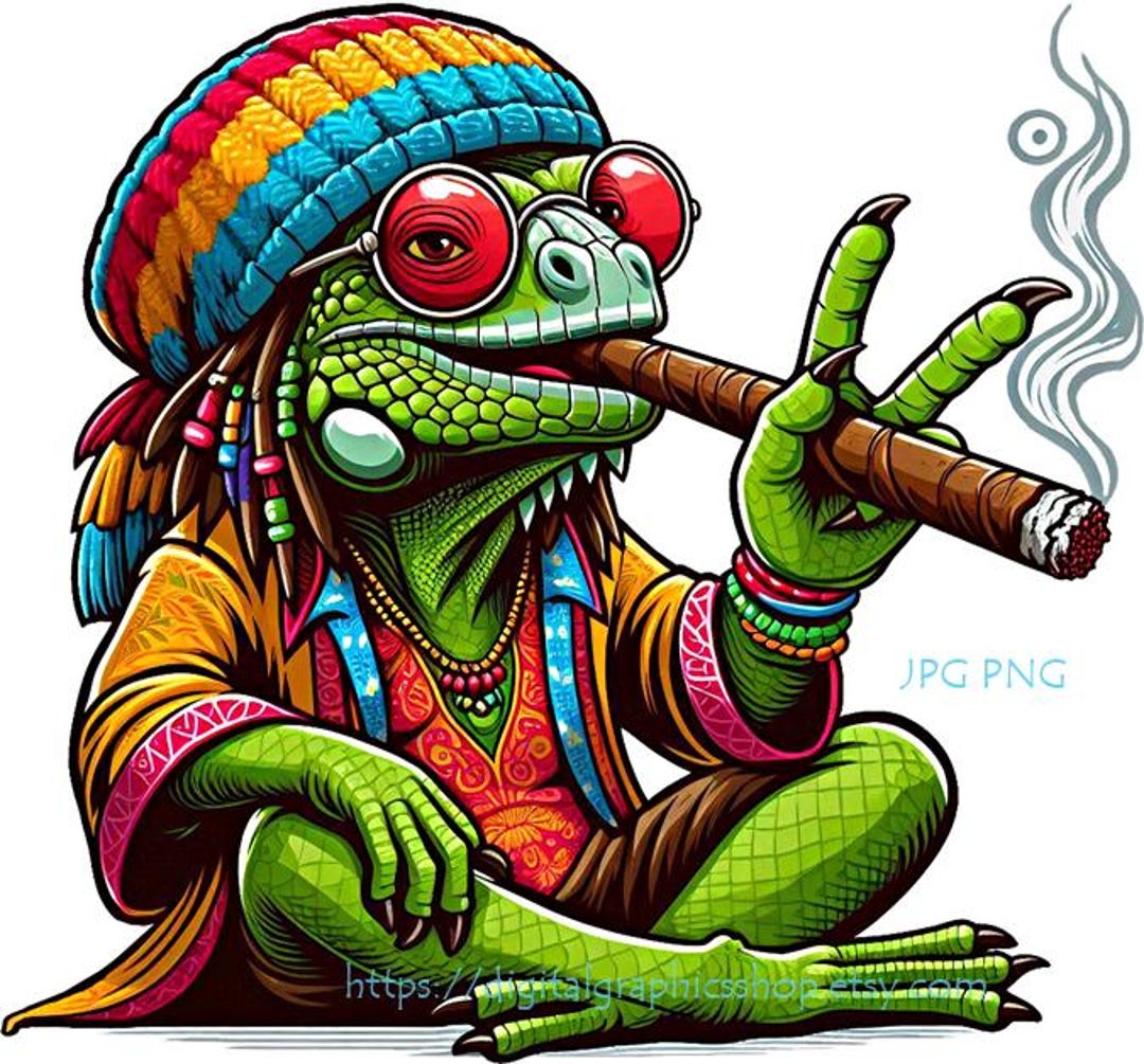 Happy Hippie Iguana Lizard Smoking Marijuana Cigar Png, Jpg, Animal ...