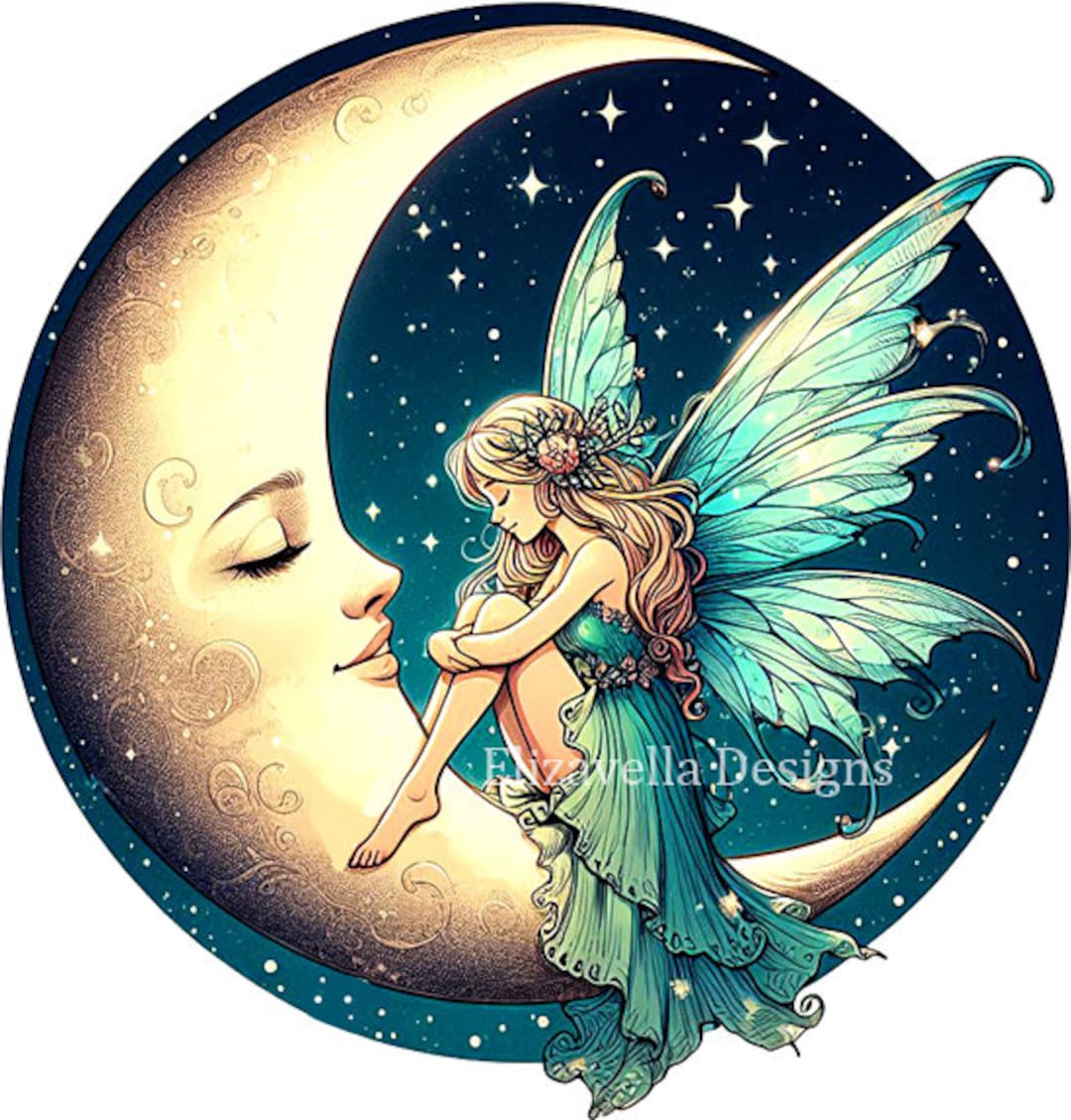 Fairy Sitting on Half Moon Png, Moon Face Png, Printable Fairy Art ...