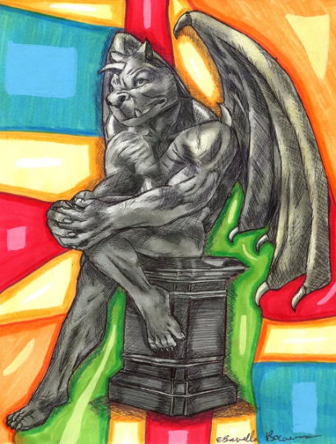 ORIGINAL Gargoyle Dragon Ink Drawing Fantasy Beasts Fairytale ...