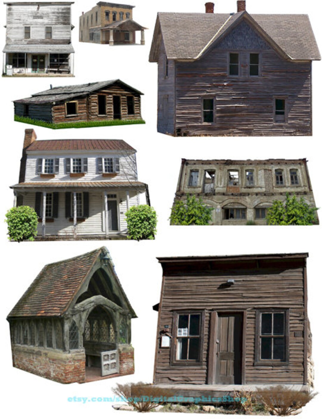 Old Decrepit Abandoned Building Houses Cabins, Clipart, Digital Collage ...