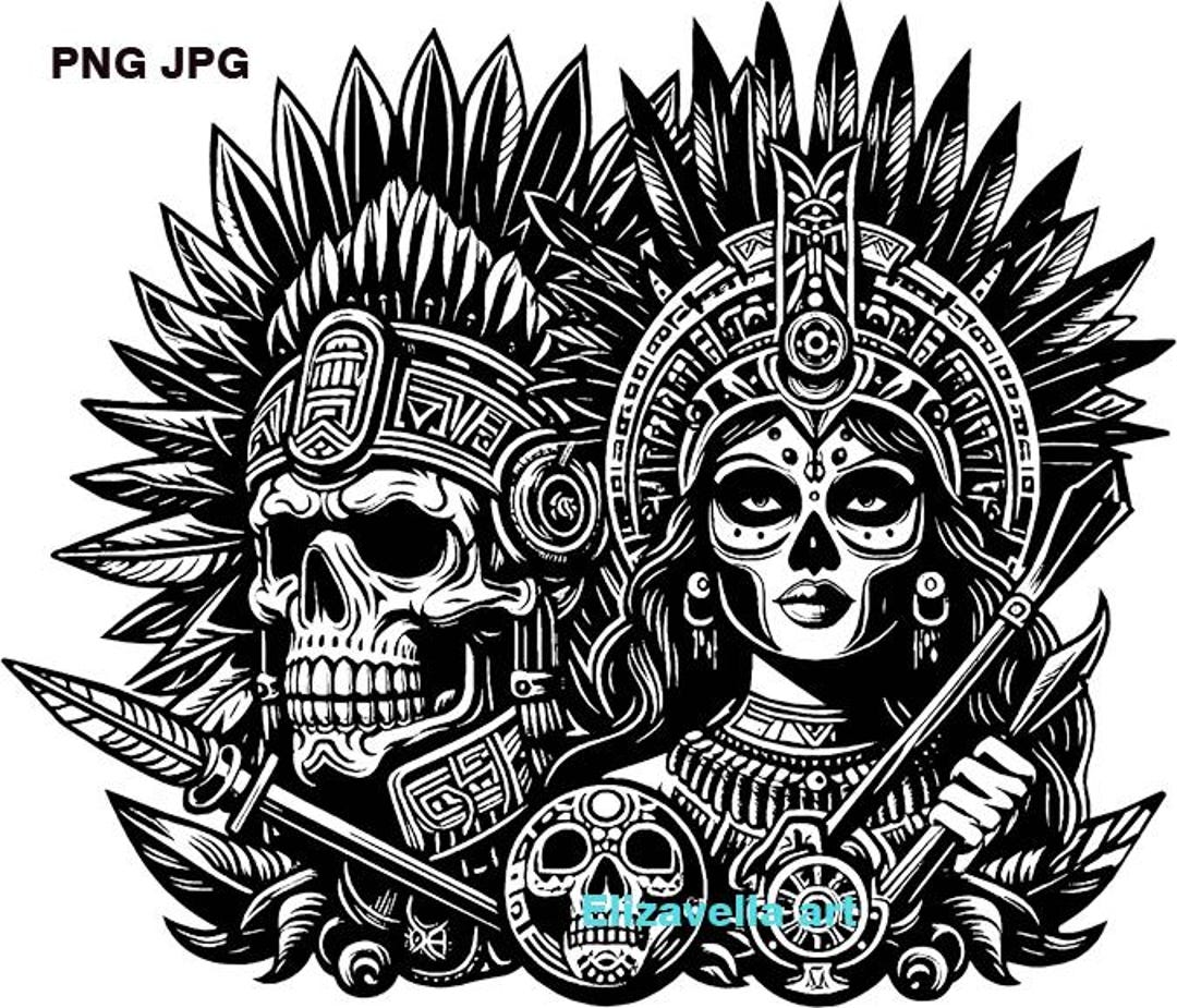 Skull Aztec Warrior Png, Aztec Queen Day of the Dead Png Clipart, Printable Mexican Indian Art ...