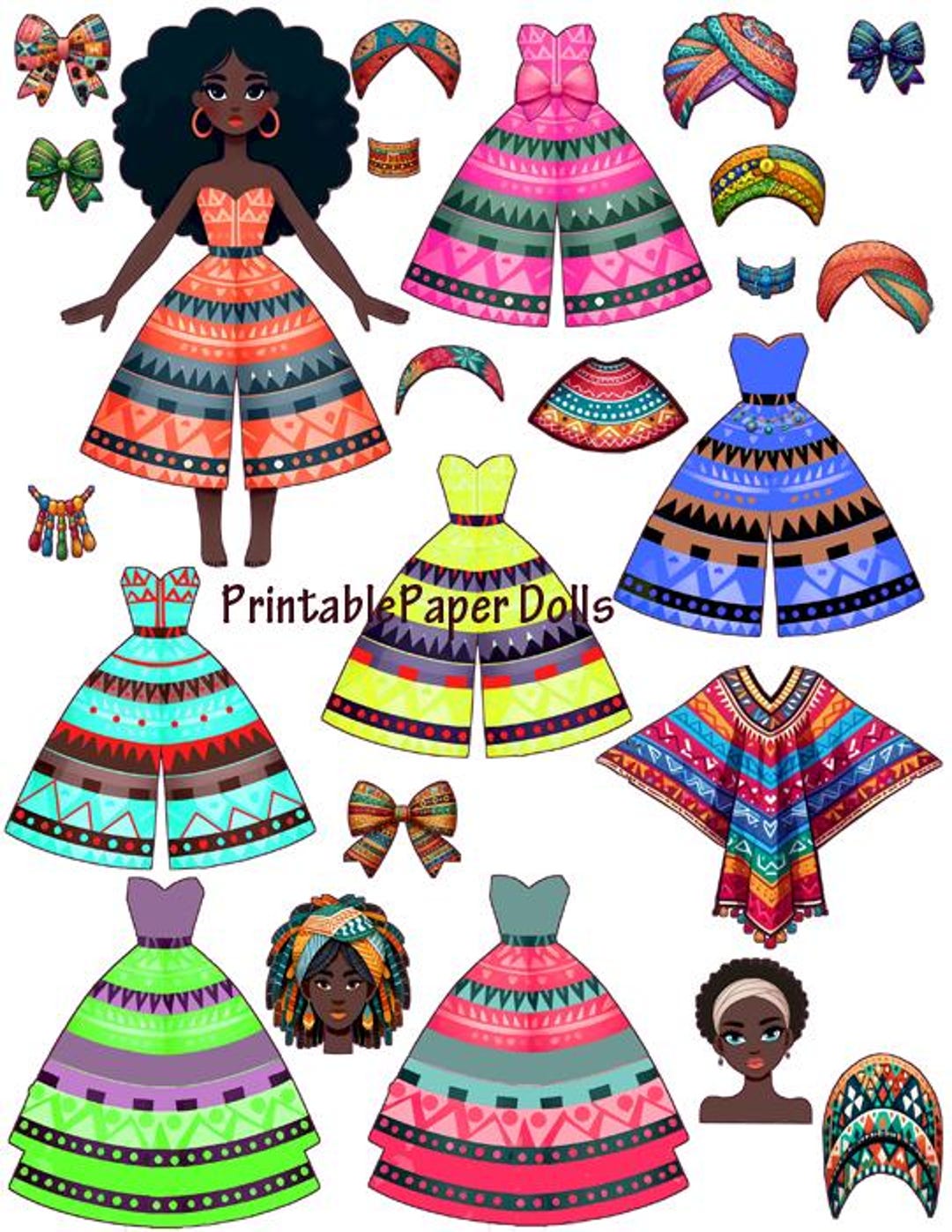 Black African Woman Paper Doll With Dresses Clipart Printable Kids ...