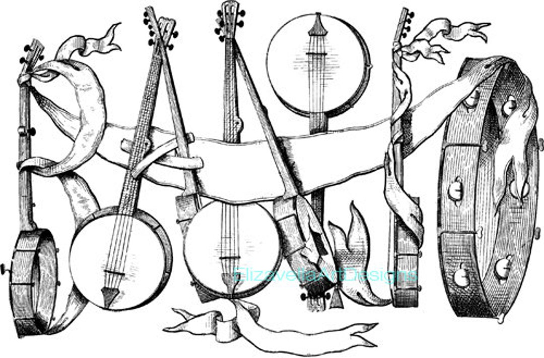 Word Banjo Spelled With Banjos Png Vintage Art Illustration Musical ...