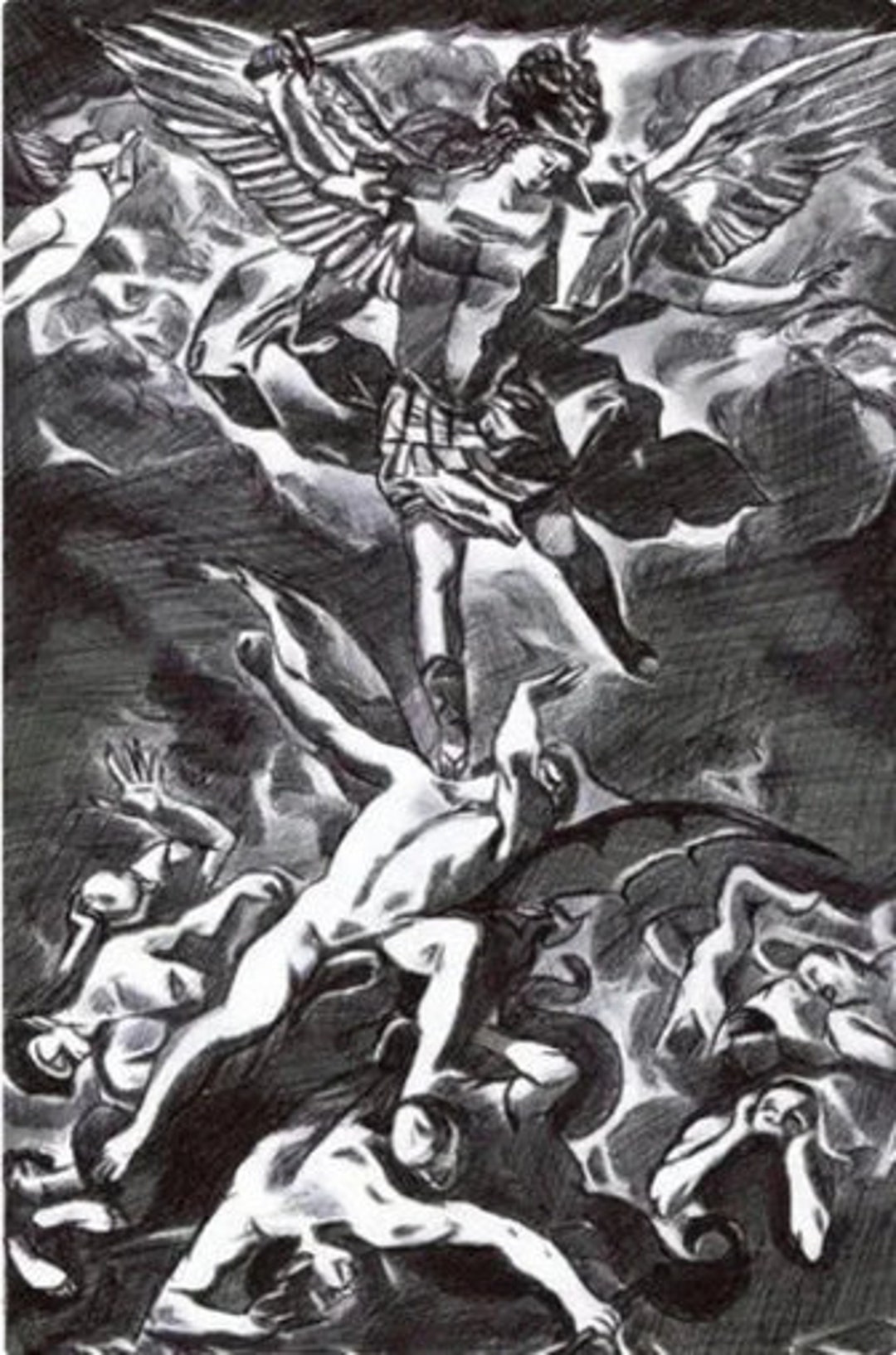 Fallen Angels Original Art Drawing, Arch Angel Michael Vs Lucifer ...
