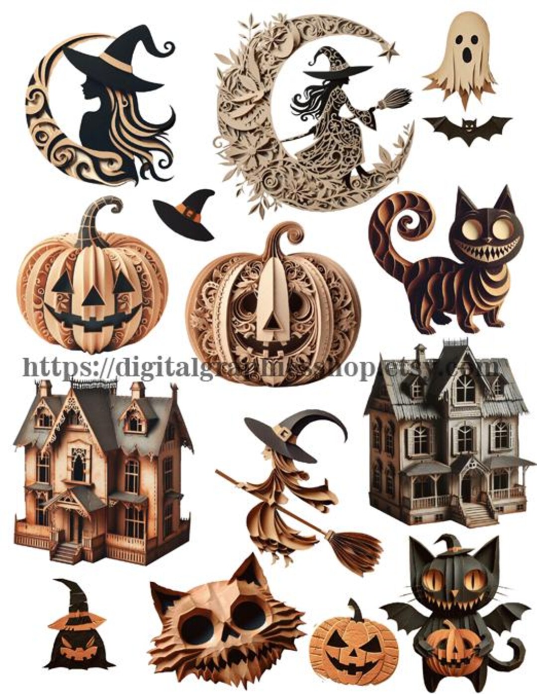 Halloween Paper Crafts Cut Outs Digital Collage Sheets Download Witches ...