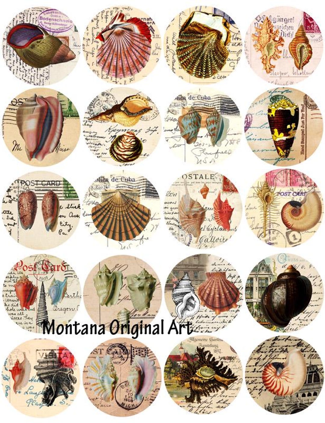 Sea Shells Postcards Altered Art Collage Sheet 2 Inch Circles Clipart ...