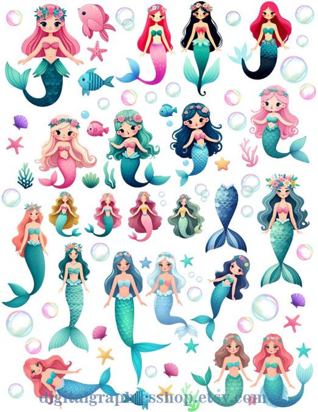 Cute Mermaid Paper Dolls Collage Sheet Fish Starfish Sealife Clipart ...