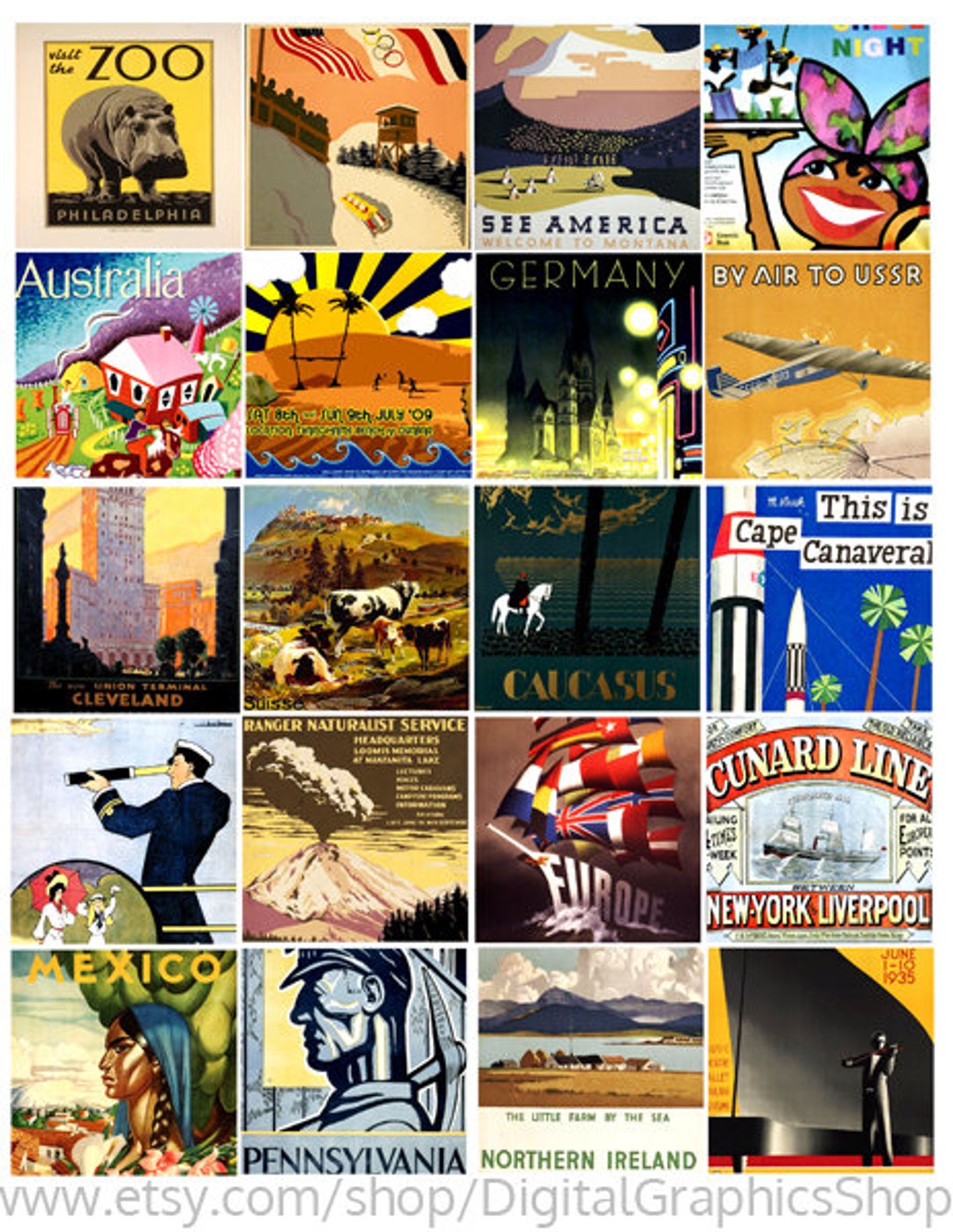 Vintage Travel Posters Art Collage Sheet: 2-inch Squares (digital ...