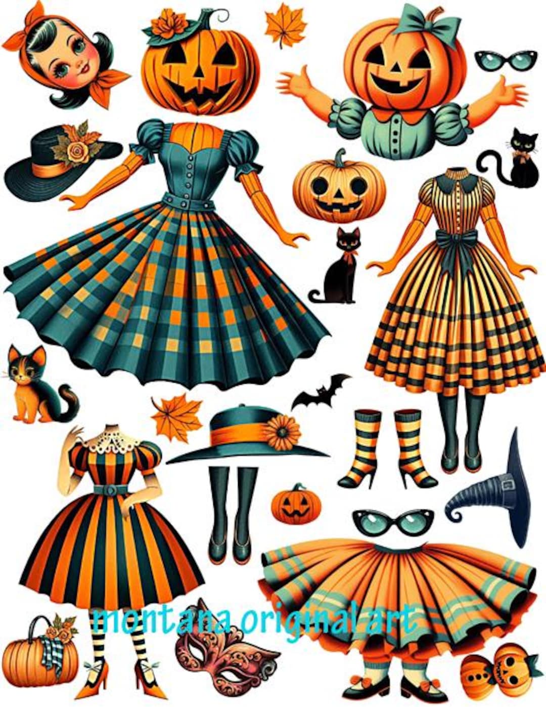 Pumkin Head Girls Halloween Paper Dolls Digital Download Crafts ...