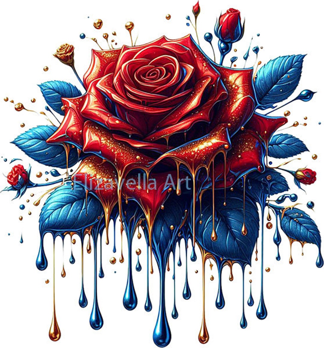 Red Rose Dripping Blue and Gold Metal Liquid, Dripping Rose Png, Flower ...