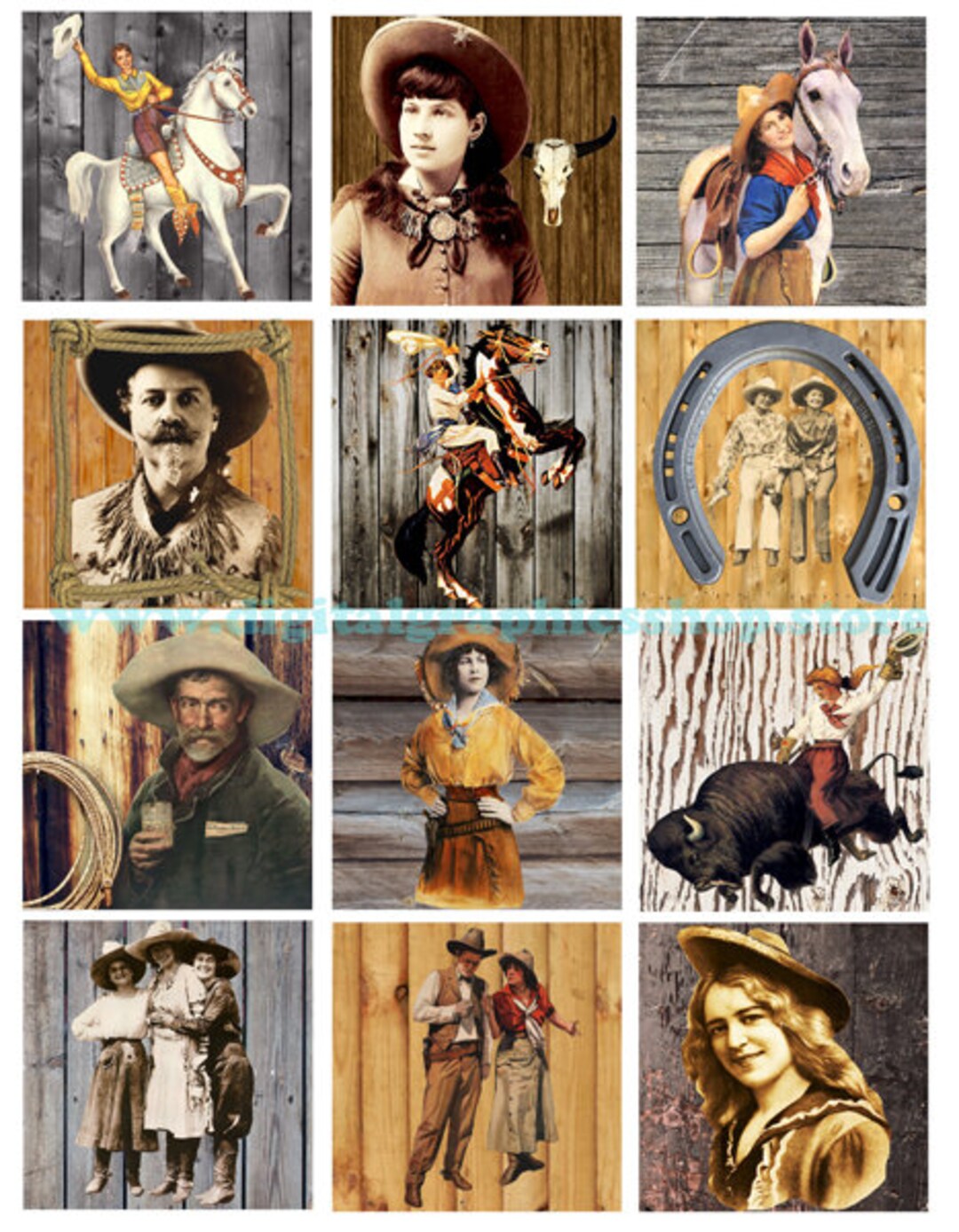 Vintage Cowboys Cowgirls on Wood Rodeo Collage Sheet Digital Download 2 ...