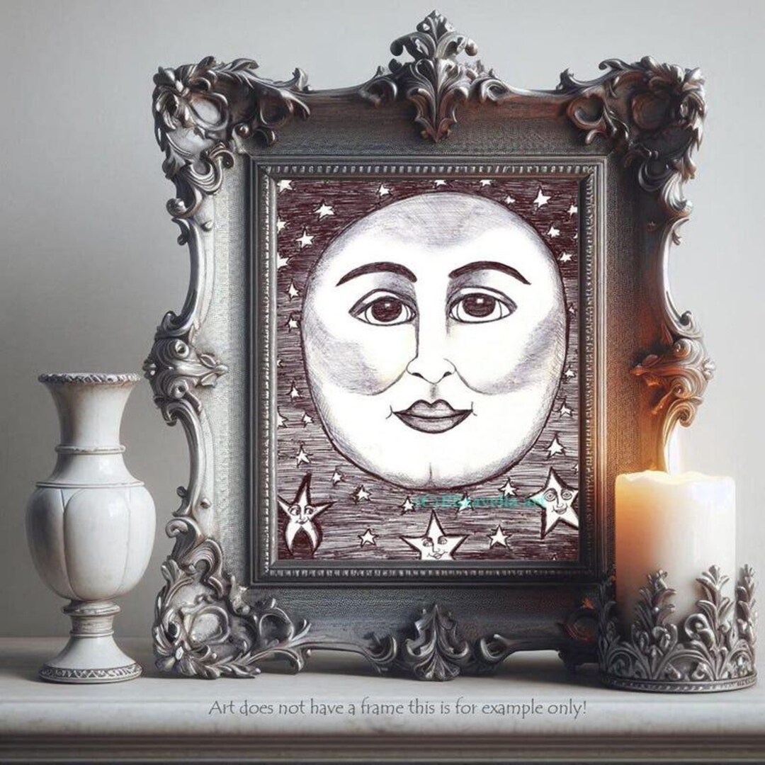 Original Art Drawing Happy Moon Man Star Faces Celestial Fantasy ...