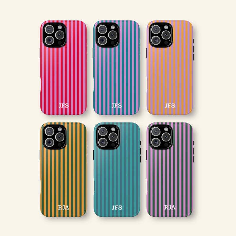 Personalized Monogram Phone Case Stripes Initials iPhone 16 15 14 13 12 ...