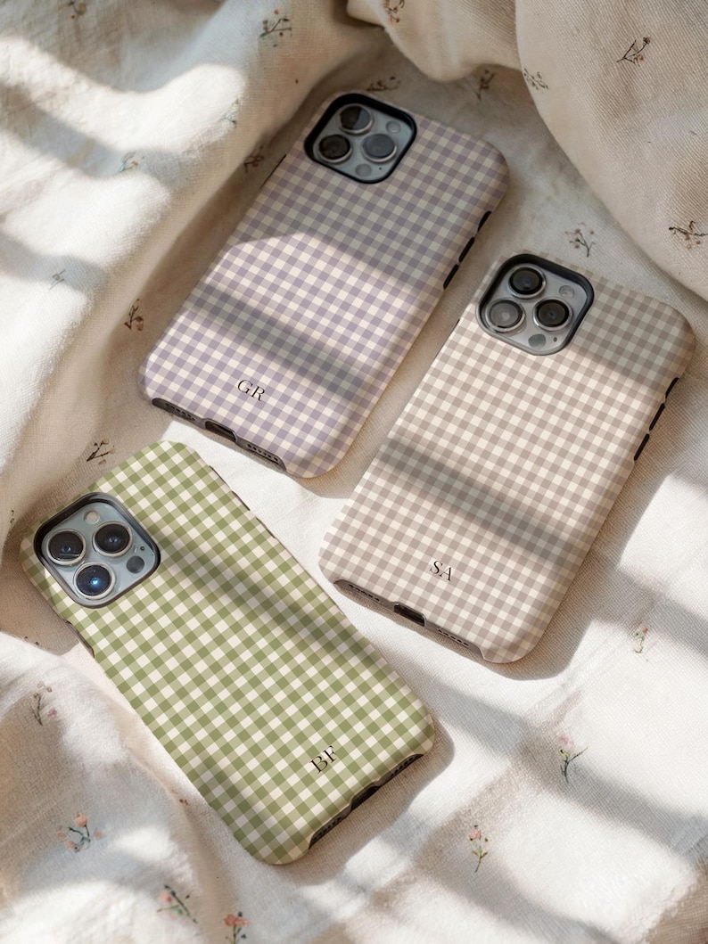 Boho Gingham Personalized Monogram Phone Case Initials iPhone 16 15 14 ...