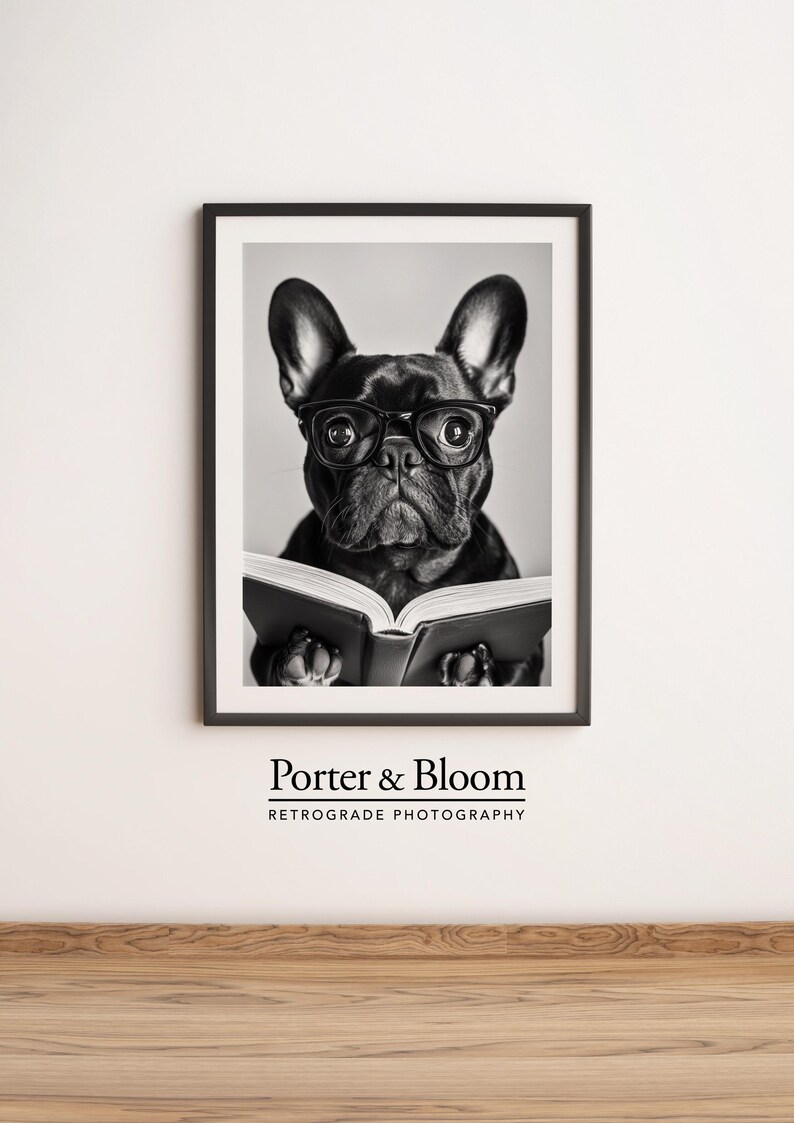 French Bulldog Reading Book Wall Art, Black & White Print, Dog Lover ...