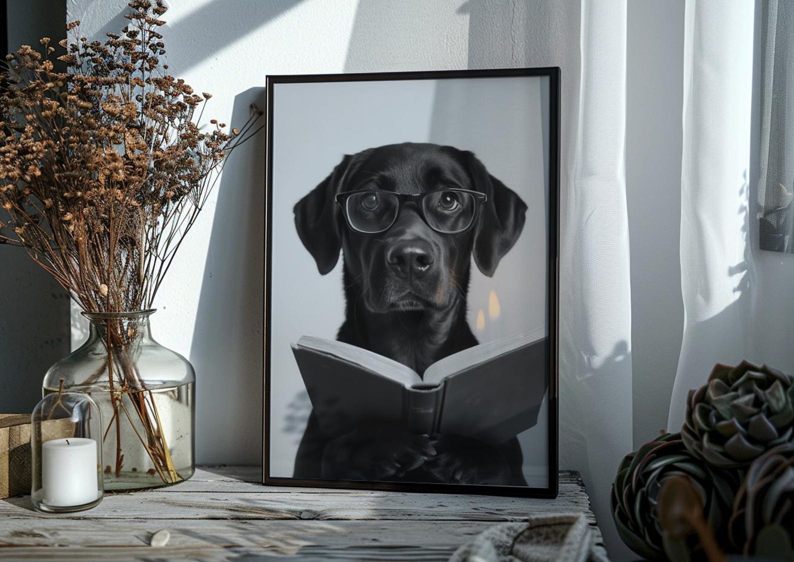 Labrador Reading Book Poster, Black & White Print, Dog Lover Photo Gift ...