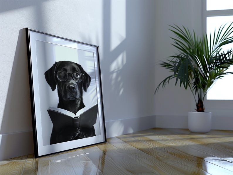 Labrador Reading Book Poster, Black & White Print, Dog Lover Photo Gift ...