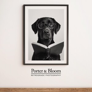 Labrador Reading Book Poster, Black & White Print, Dog Lover Photo Gift ...