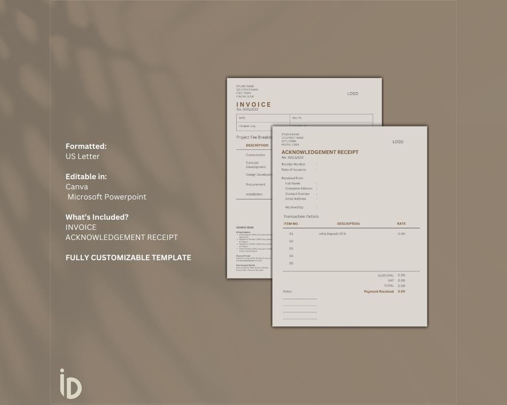 Interior Design Invoice & Acknowledgement Receipt - Etsy