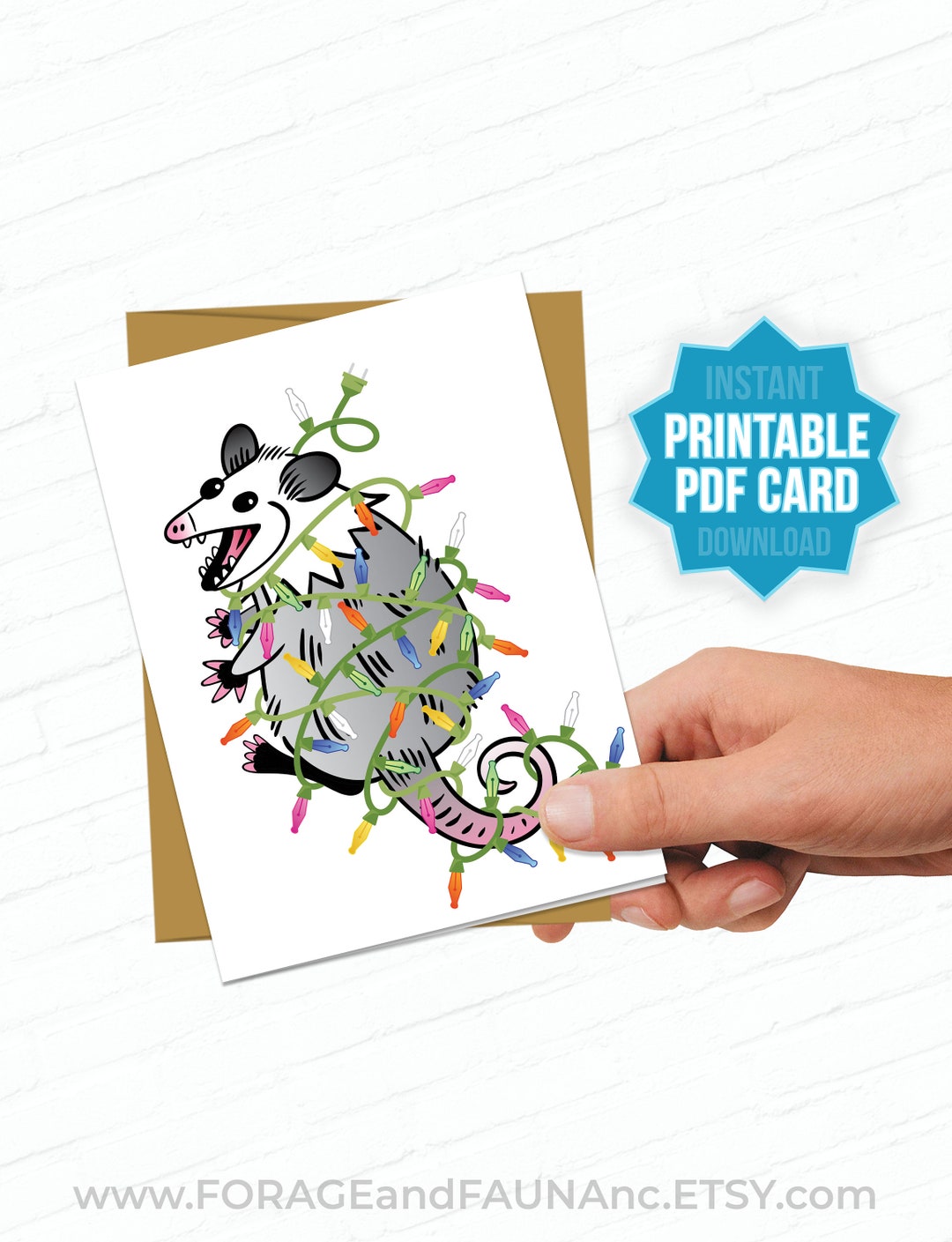 Printable Possum Christmas Card, Opossum With Christmas Lights, Fairy ...