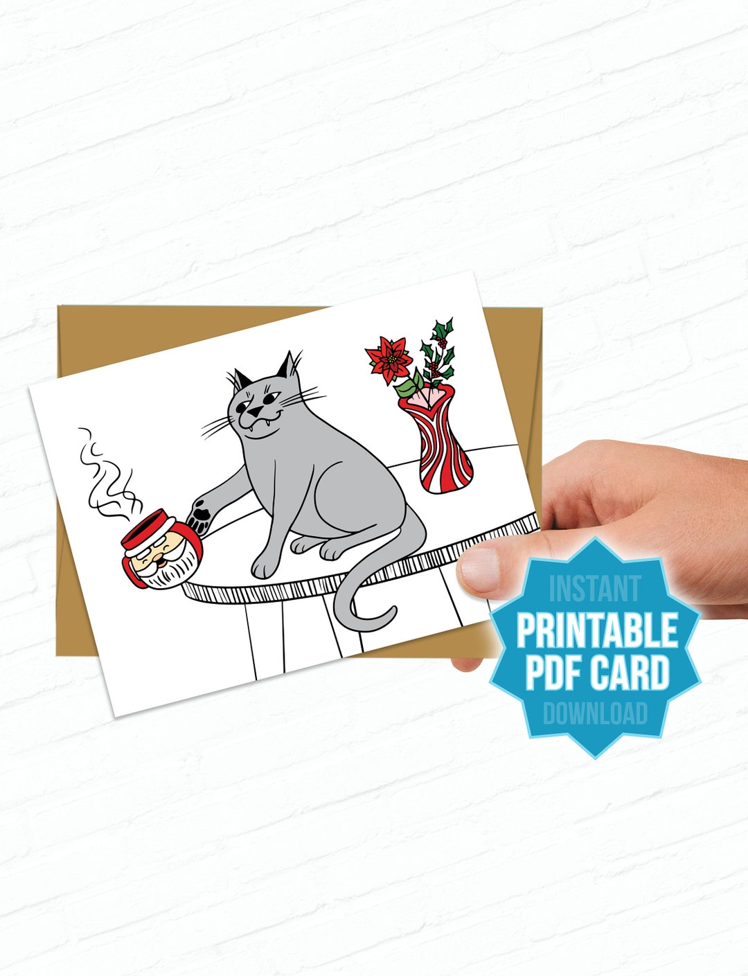 Printable Christmas Cards Mischievous Gray Cat Funny Illustrated Kitty ...