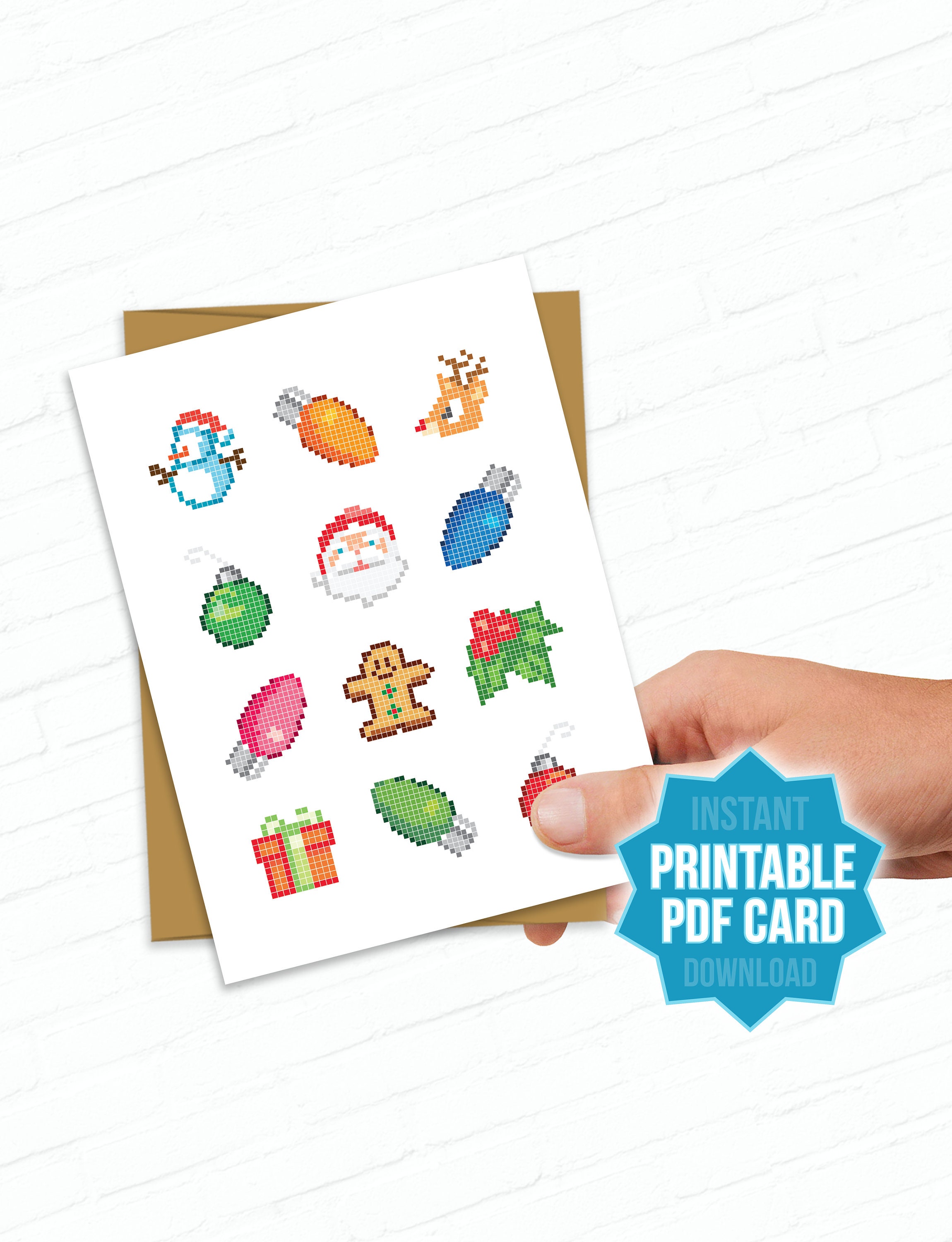 Printable Holiday Cards, Geeky Christmas Card, Pixel Christmas Lights ...