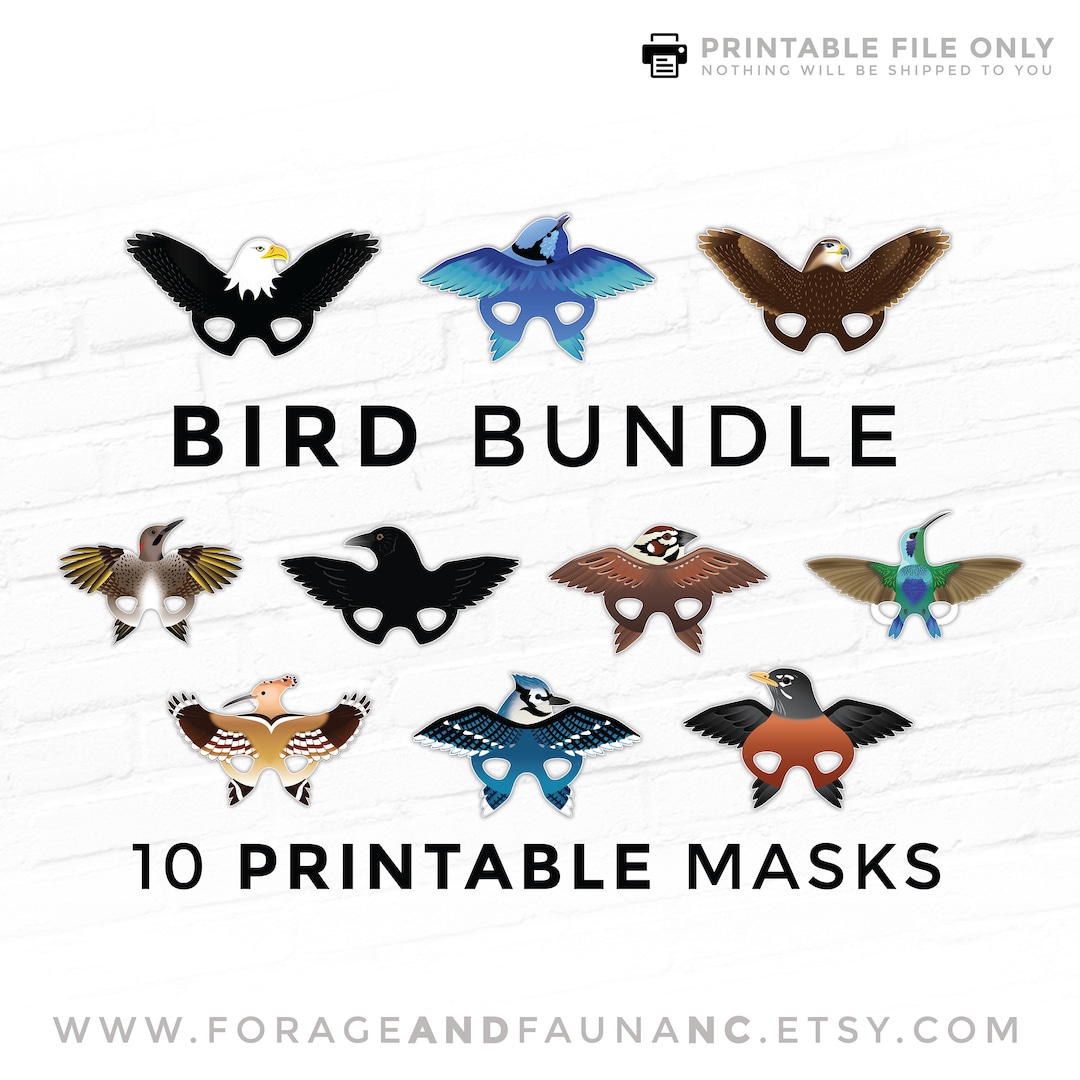 10 Birds Printable Masks Set Eagle Robin Hawk Woodpecker Hummingbird ...
