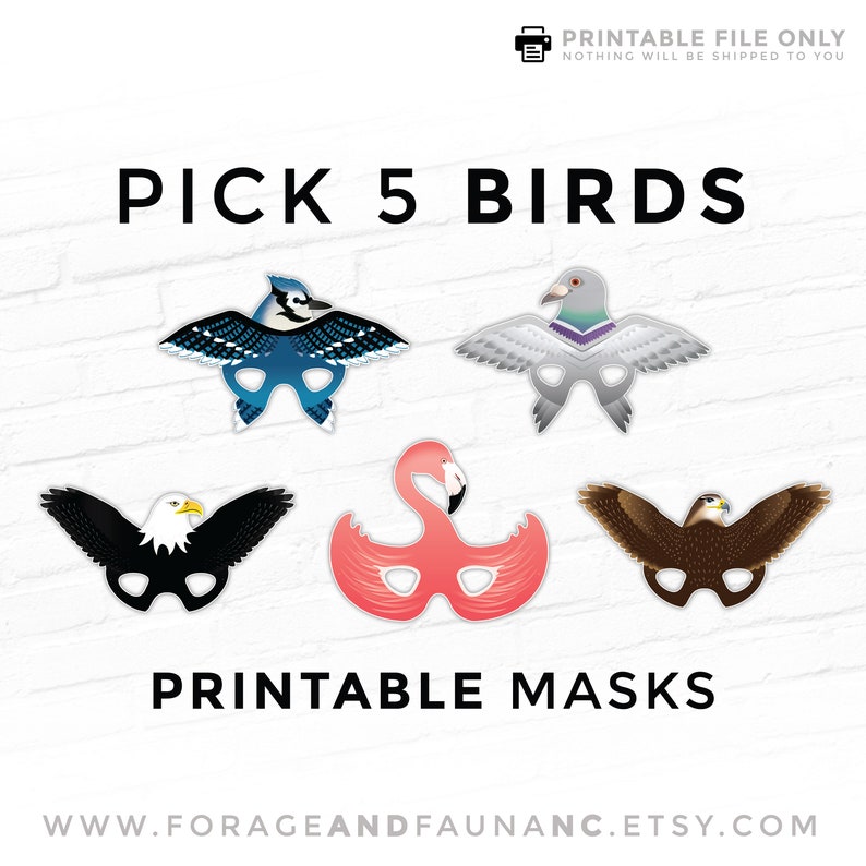 Pick Any 5 Bird Printable Masks Animal Halloween Party Costume Props ...