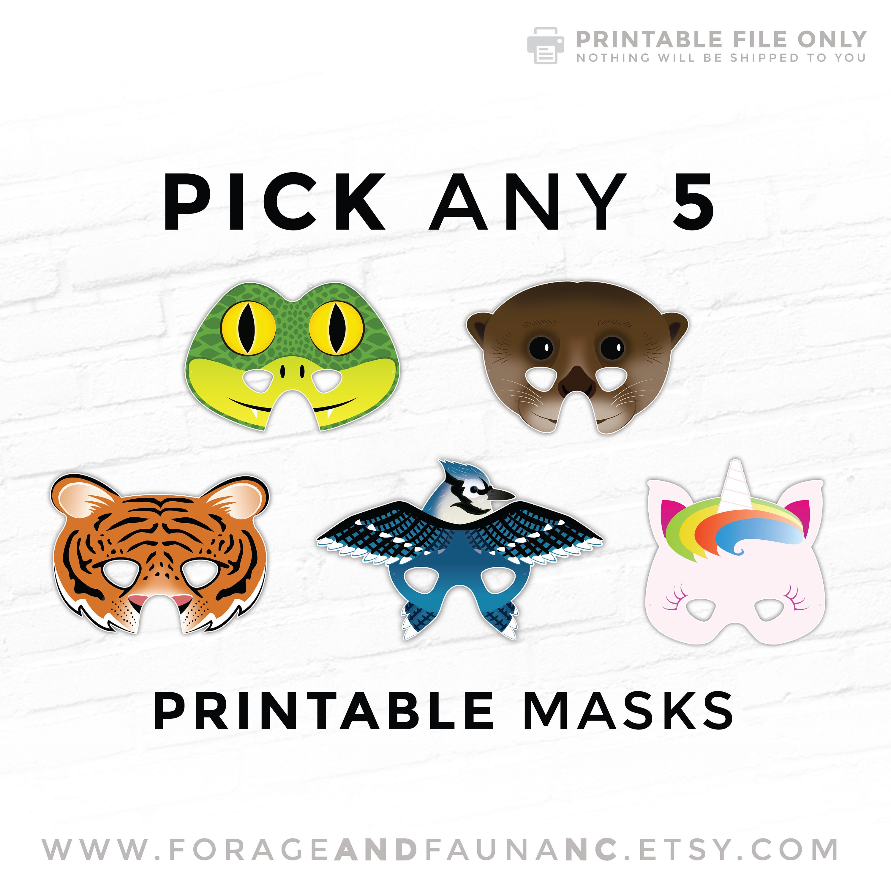 Pick Any 5 Masks Printable Animal Halloween Party Mask - Etsy