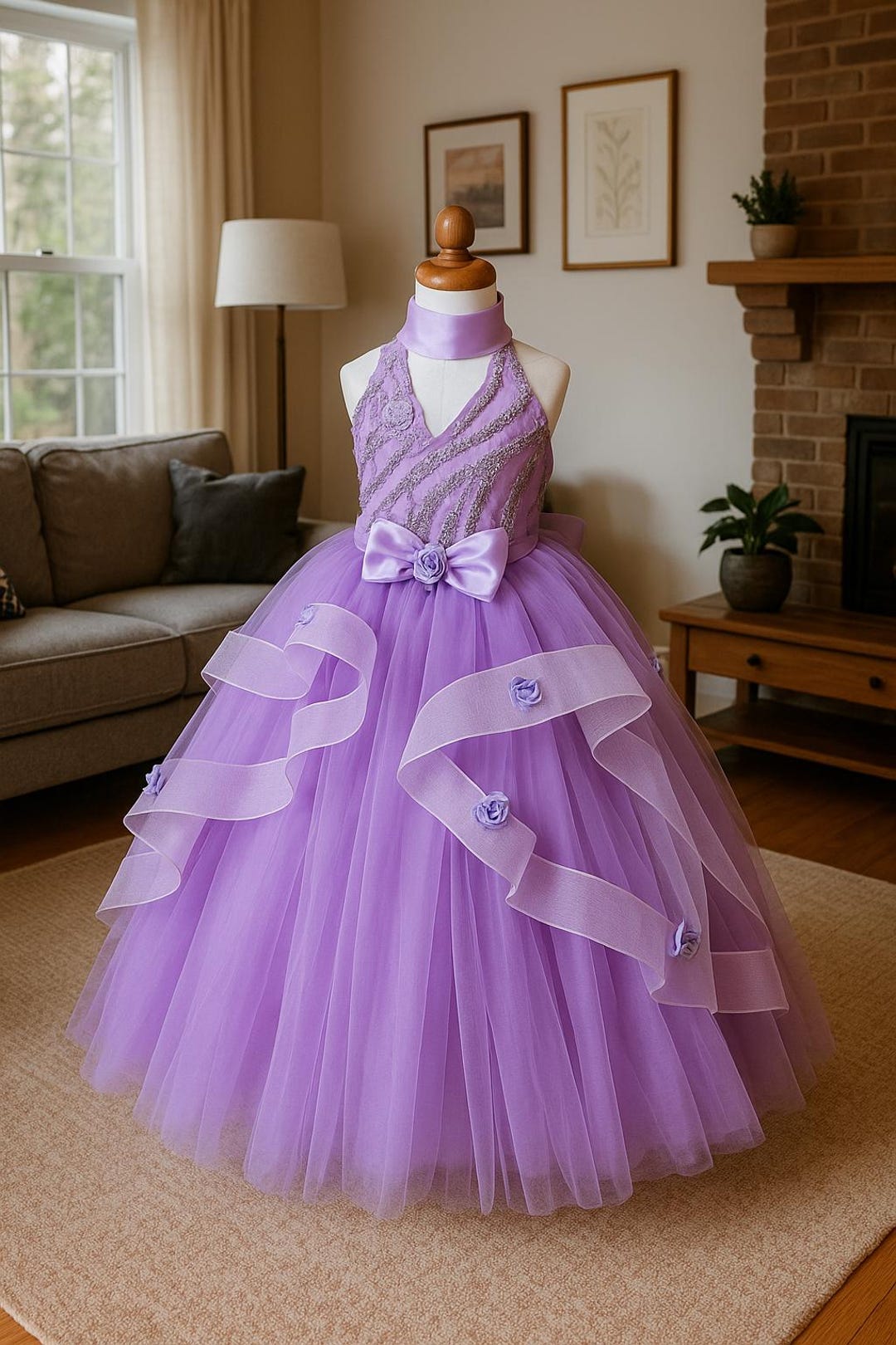 Lilac Tulle Ball Gown: Beaded Bodice, Flower Bow - Girls Princess Dress ...