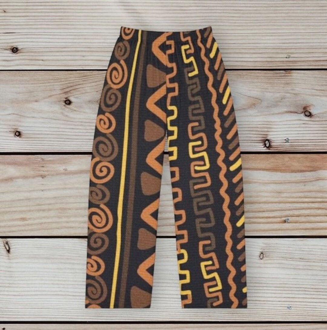 Ladies Whimsical Funky Aztec Design Pajama Pants, Black and Gold Aztec ...