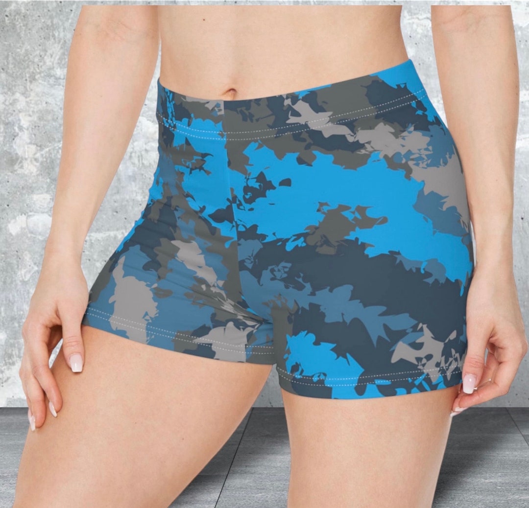 Womens Camo Booty Shorts Blue Gray Camouflage Workout Yoga Shorts Ladies Athletic Wear