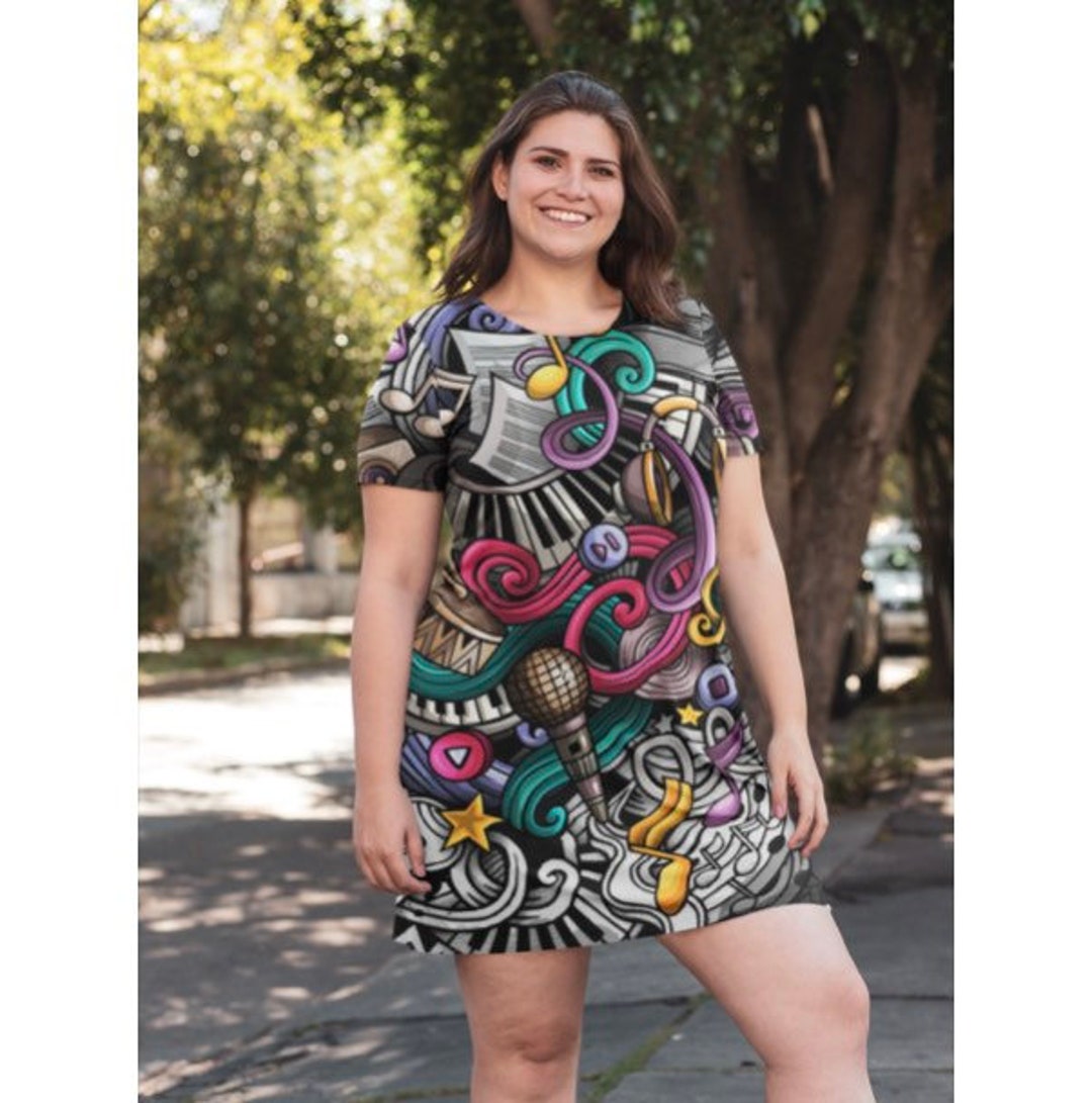 T-shirt Dress Piano Keys Graphic, Music Themed Tee Shirt Dress Tunic ...