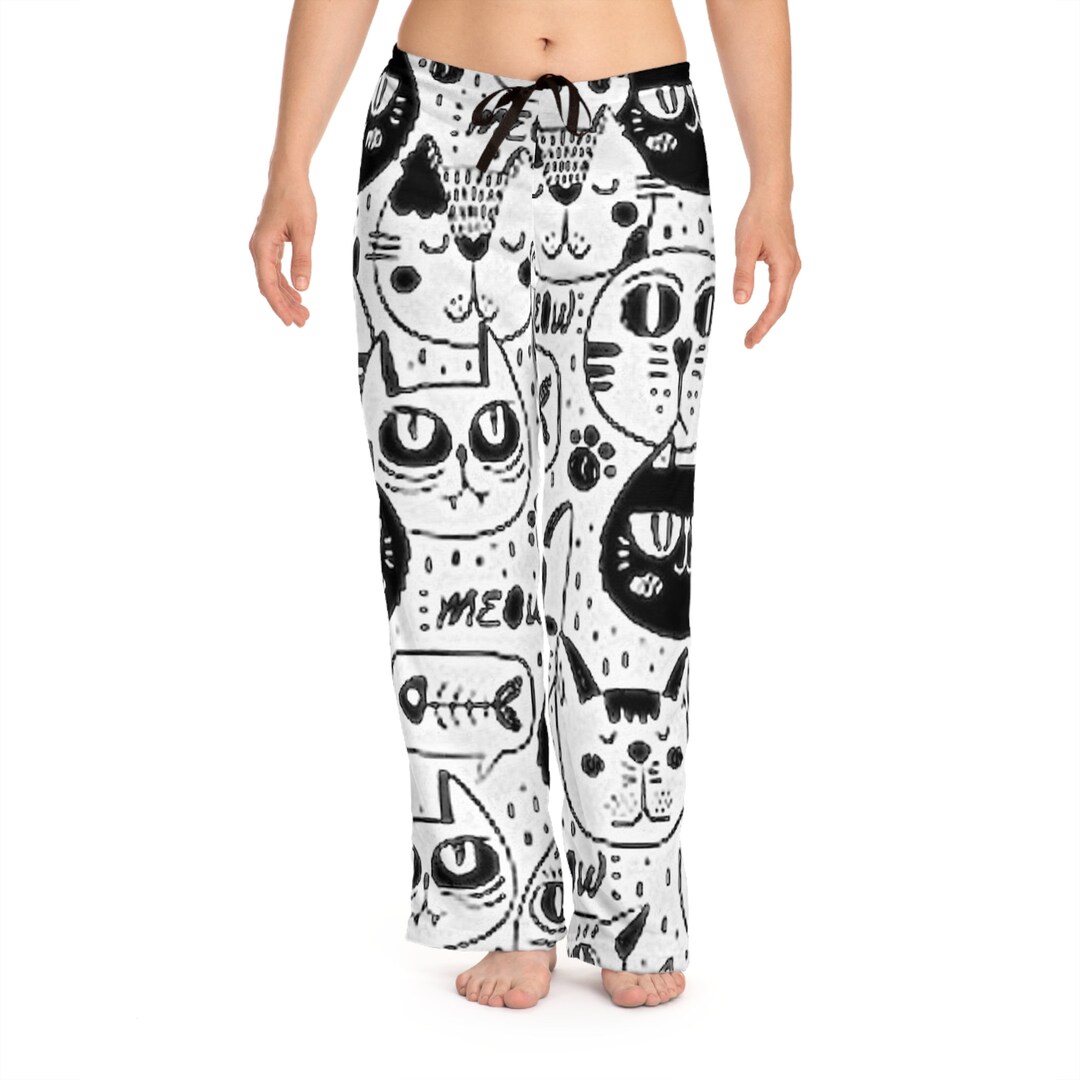 Ladies Pajama Pants Funky Cat Faces, Funny Cats Pjs, Womens Cat Lover ...