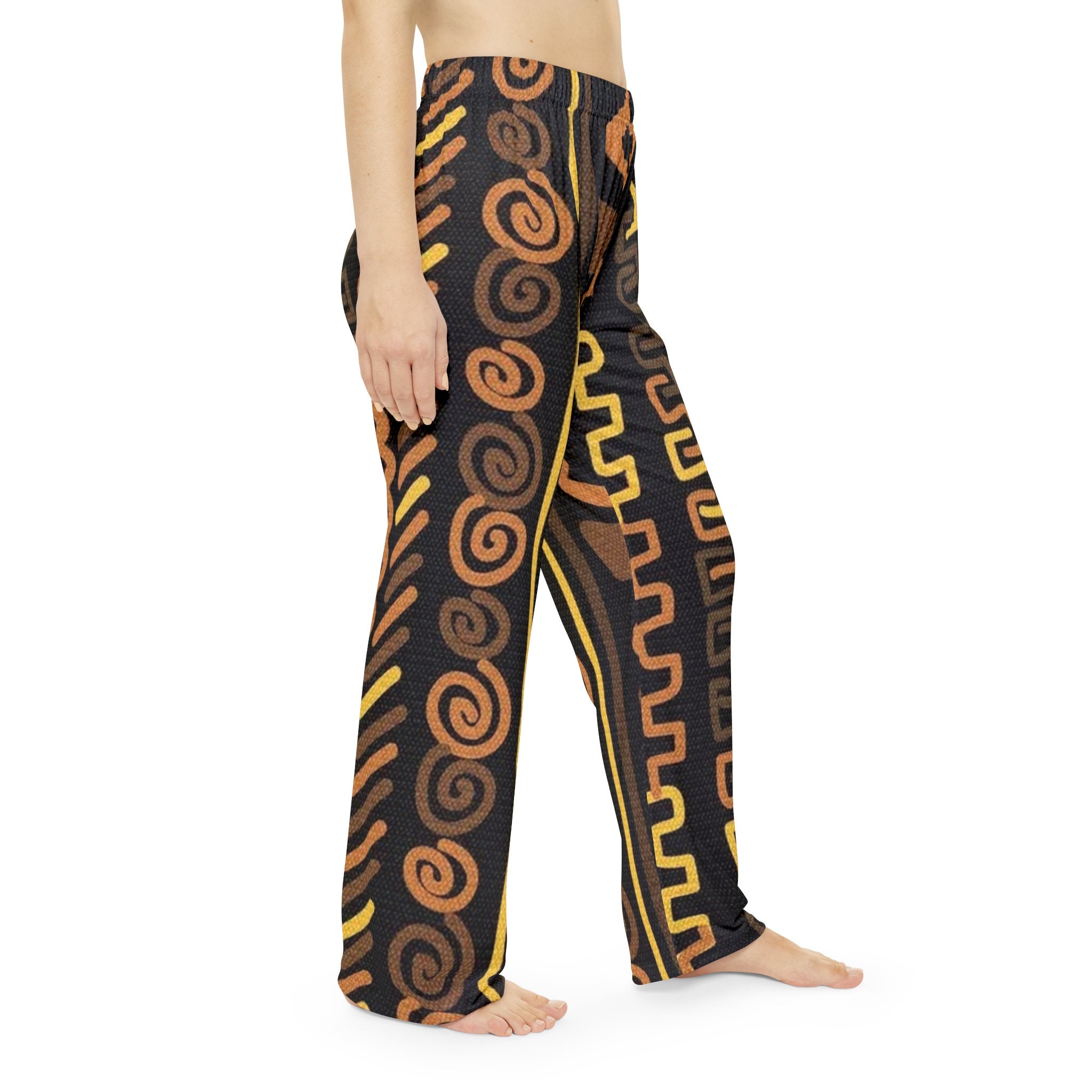 Ladies Whimsical Funky Aztec Design Pajama Pants, Black and Gold Aztec ...