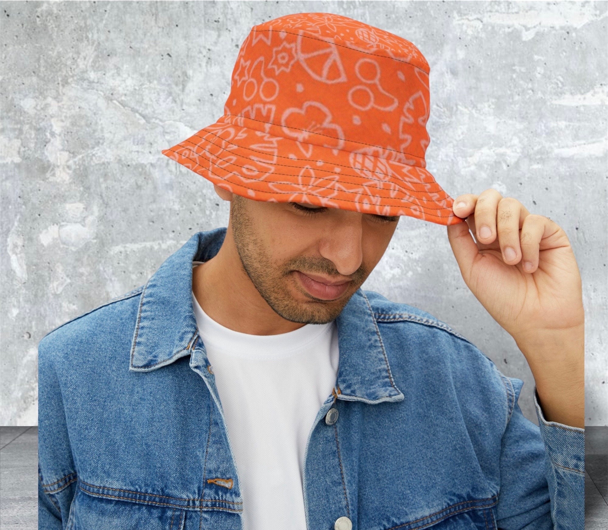 Bucket Hat Orange Fruit and Floral Outline Fashion Hat Ladies Mens Kids Hat Vacation Hat 2 Sizes Funny Hats Gift Idea
