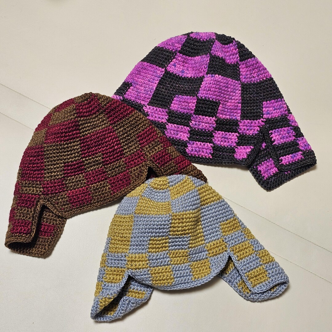 Crochet Checkered Pilot Hat With Ear Flaps Pattern PDF - Etsy