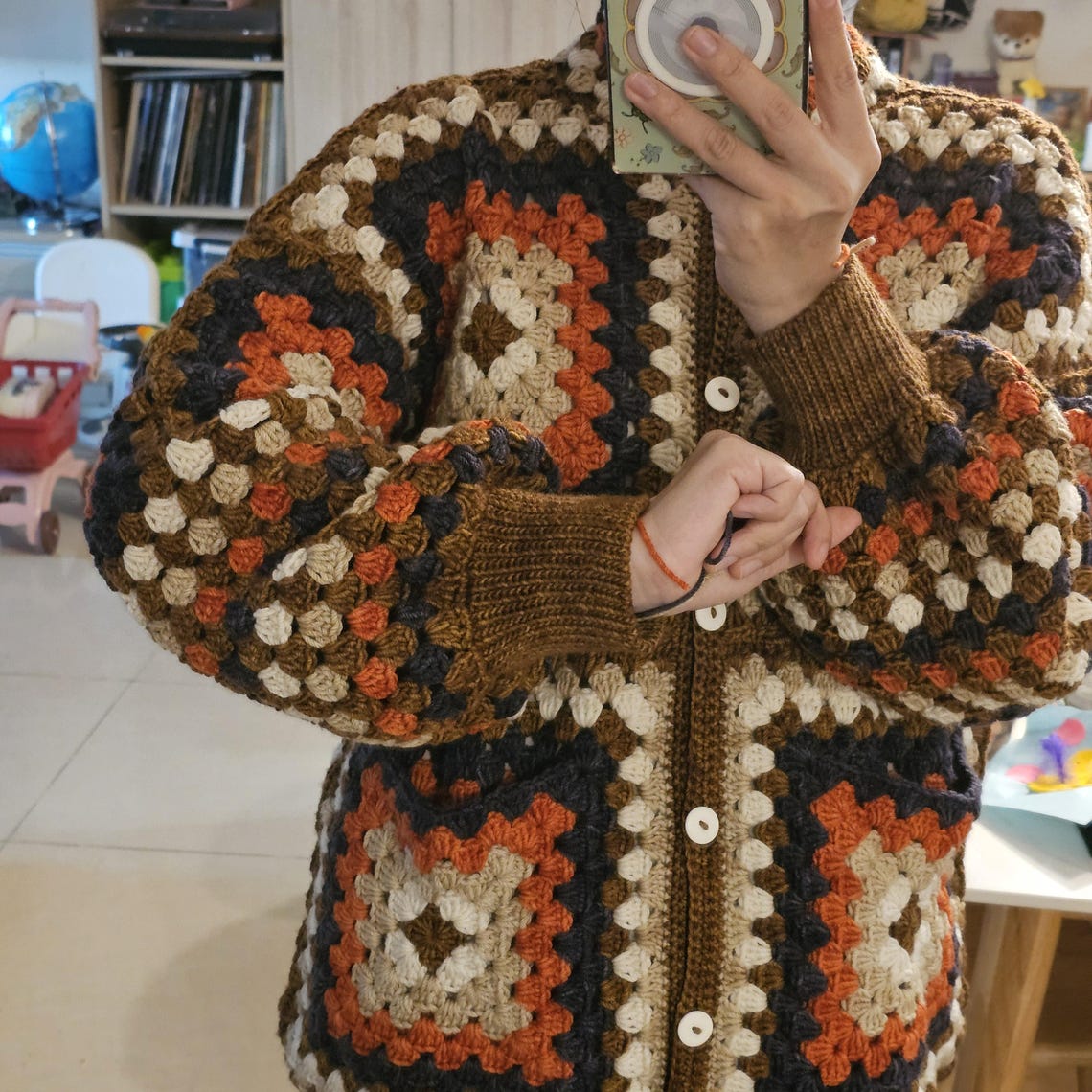 Big Granny Cardigan Crochet Granny Square Pocket Cardigan Women Casual ...