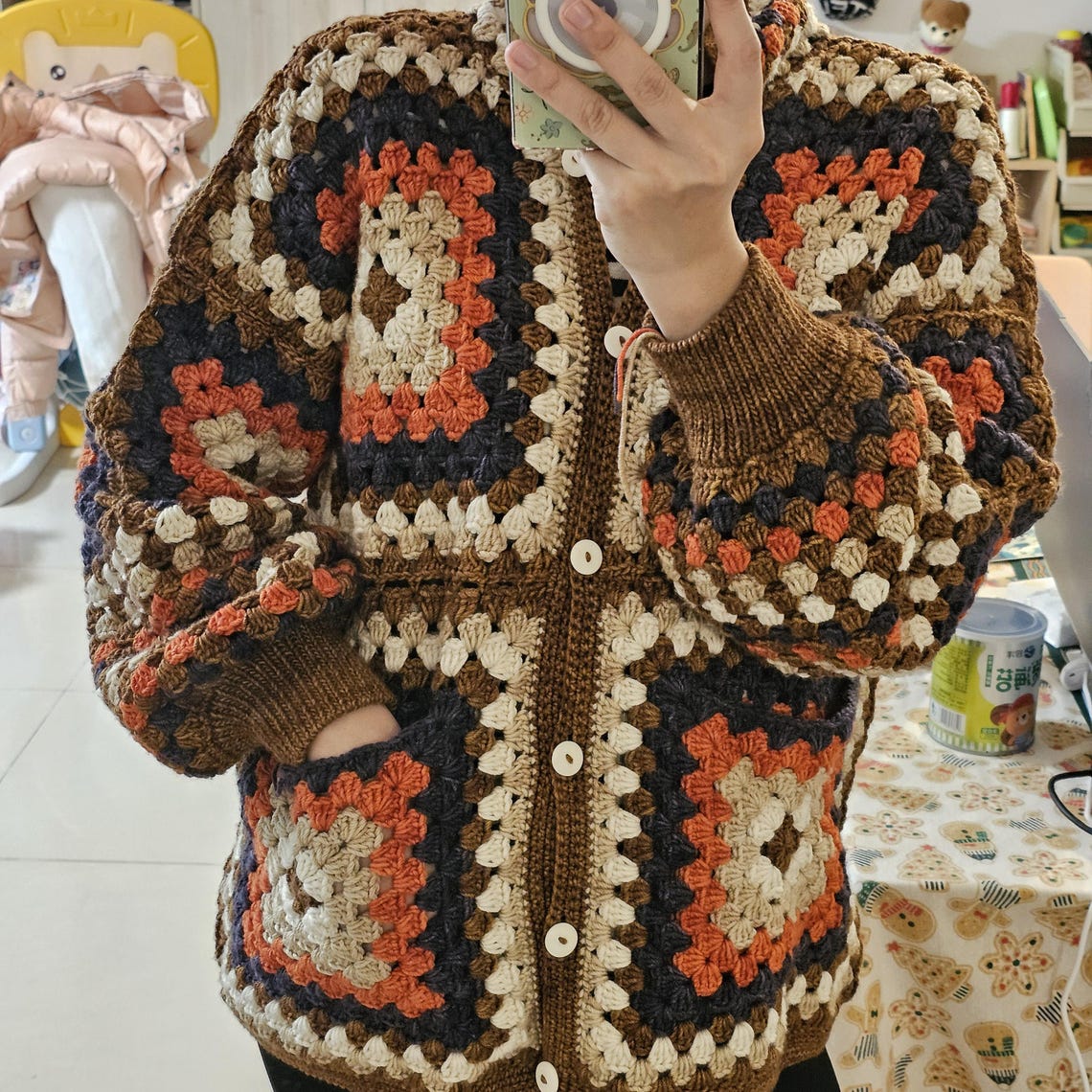 Big Granny Cardigan Crochet Granny Square Pocket Cardigan Women Casual ...