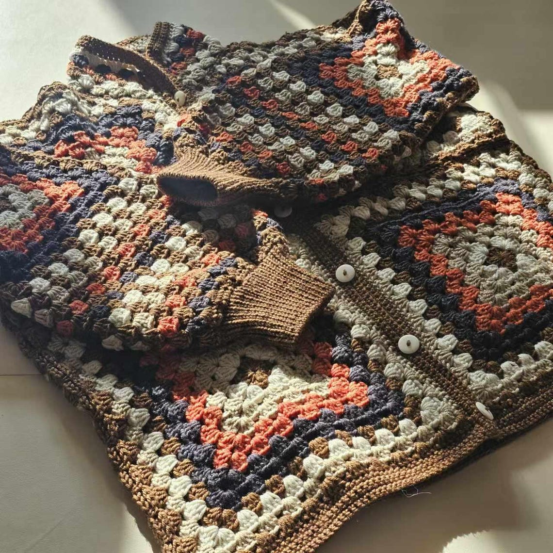 Big Granny Cardigan Crochet Granny Square Pocket Cardigan Women Casual ...