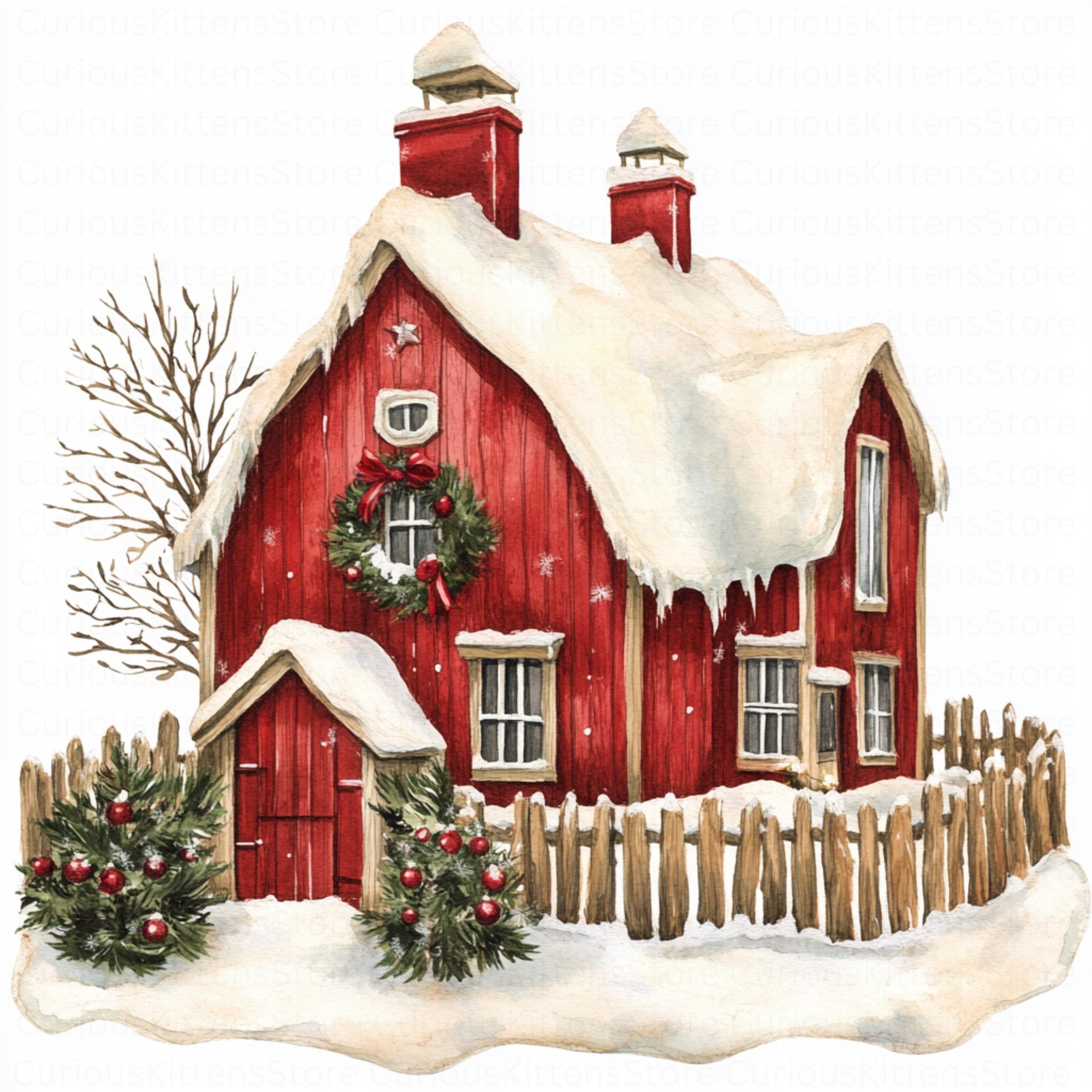 Watercolor Christmas Farmhouse Clipart | 5 High Quality Jpg's | Digital ...
