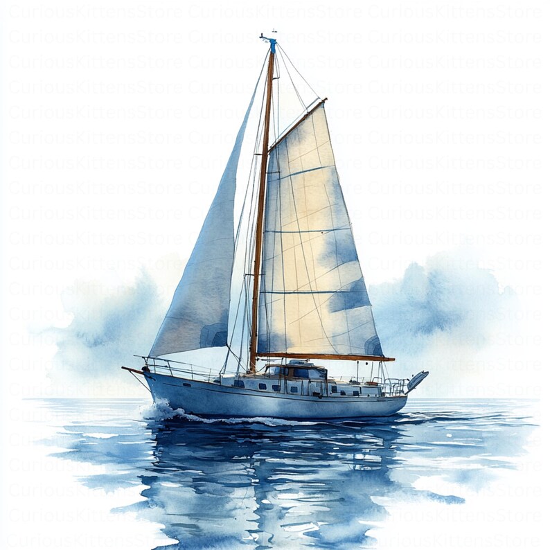 Watercolor Sailboat Clipart Nautical Art Jpgs Digital Download Coastal ...