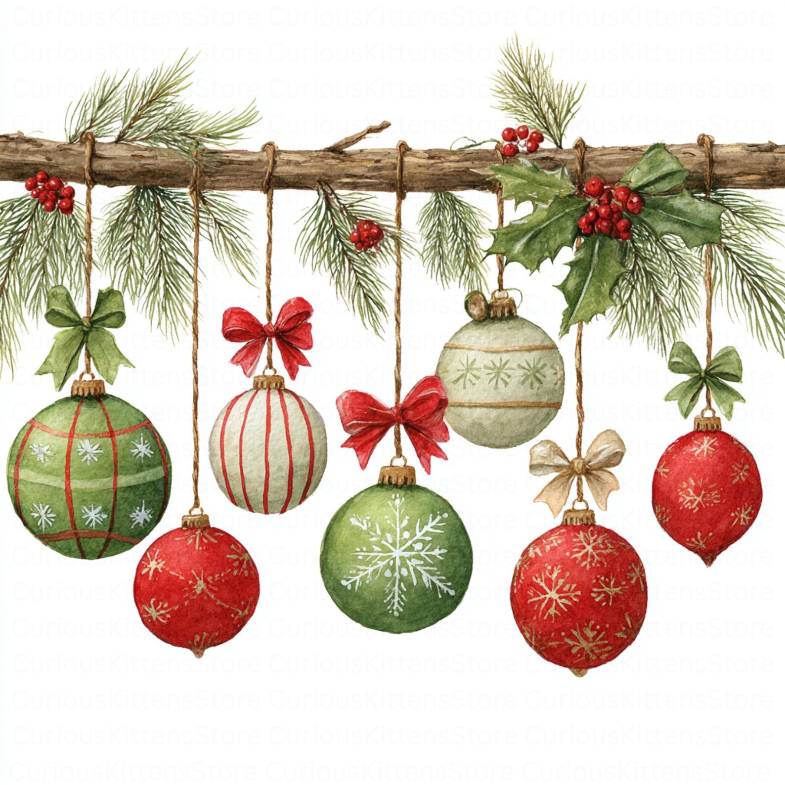 Watercolor Christmas Ornament Clipart Holiday Decor Jpgs Digital ...