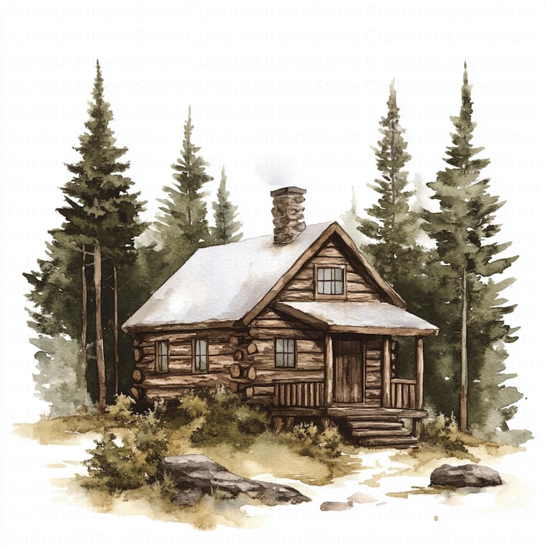 Watercolor Cabin in the Woods Clipart JPG Collage Images Digital ...
