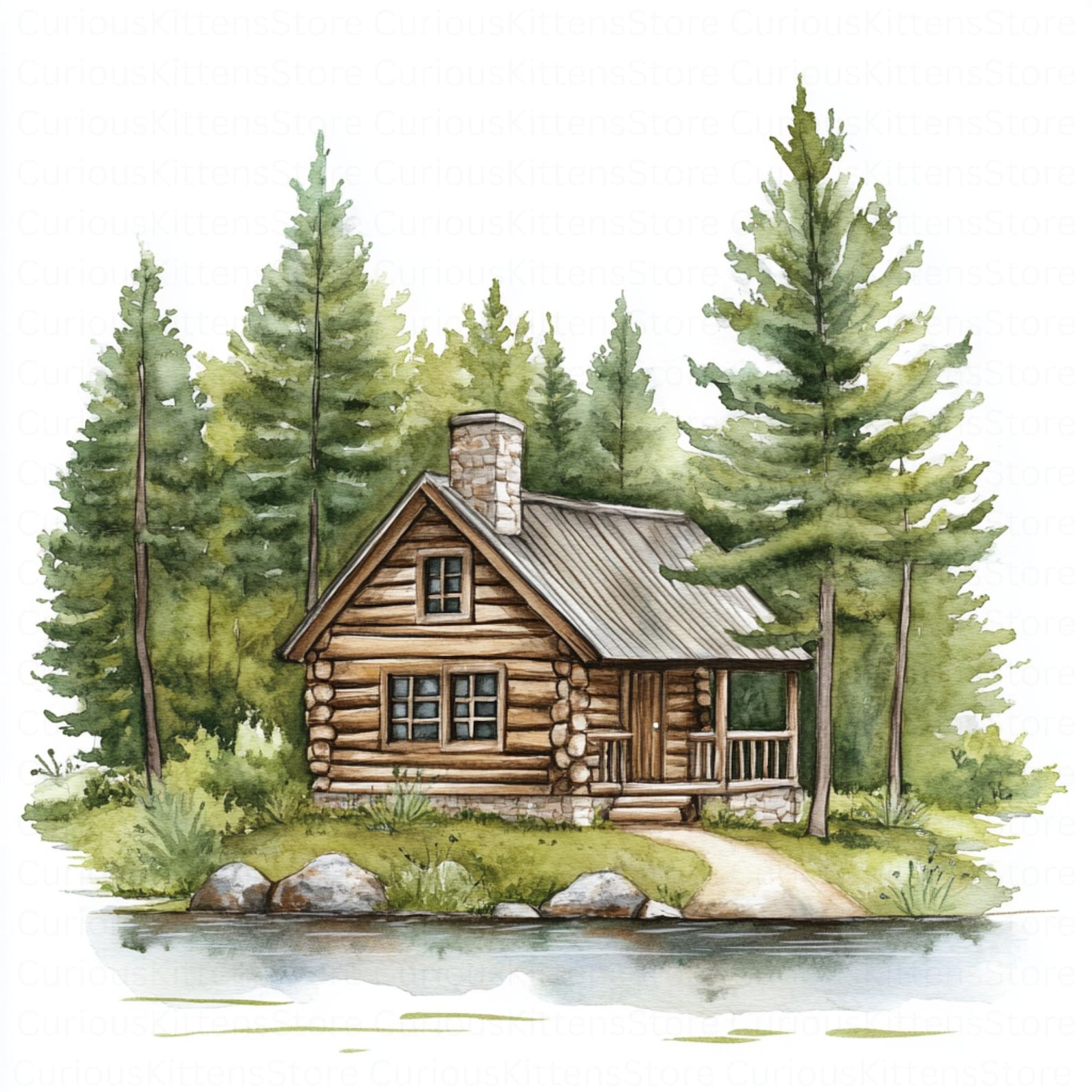 Watercolor Cabin in the Woods Clipart JPG Collage Images Digital ...